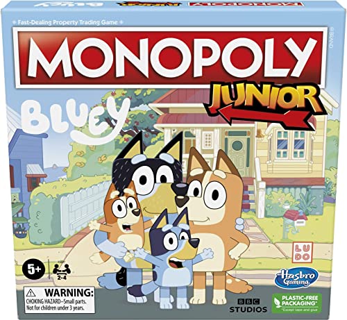 Monopoly Junior: Bluey Edition Board Game for Kids Ages 5+, Play as Bluey, Bingo, Mum, and Dad, Features Artwork from The Animated Series (Amazon Exclusive)