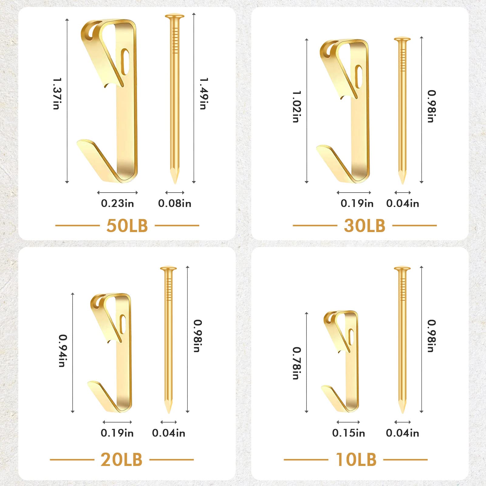 Hooks for Hanging Pictures with Nails - ROBUST 50pcs Picture Hanging Kit, Wall Hooks for Hanging Pictures for Picture Frame, Canvas, Mirror, Art (N6 Gold)