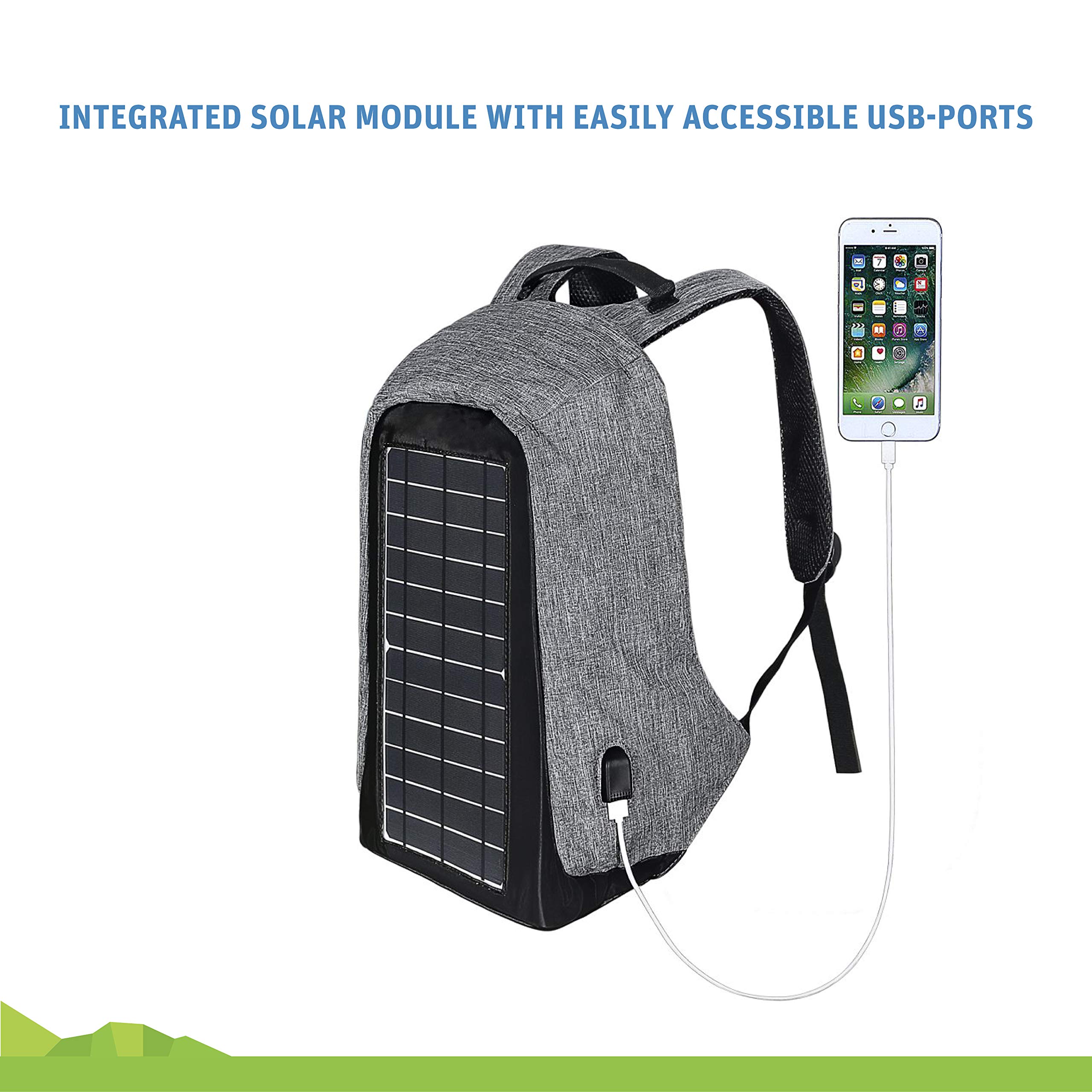 Jauch Solar Backpack London 40 Anti Theft | 10W Integrated Solar Panel with 5V USB Charging Port | 40 Litres | Water Resistant, Durable | Charges smartphones, tablets, GPS and other USB devices