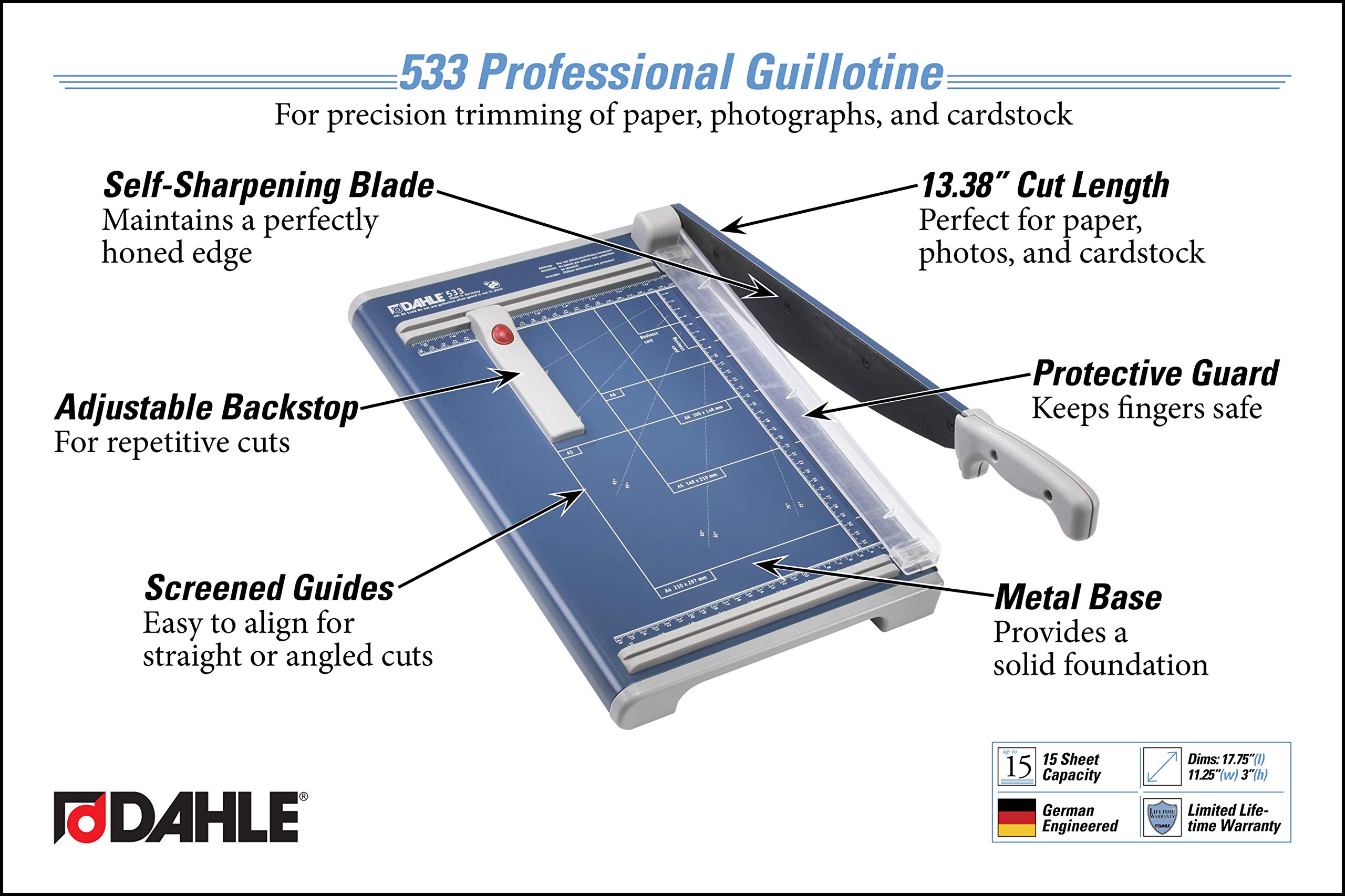 Dahle - 00533-21261 533 Professional Guillotine Trimmer, 13-3/8" Cut Length, 15 Sheet Capacity, Self-Sharpening, Manual Clamp, German Engineered Cutter