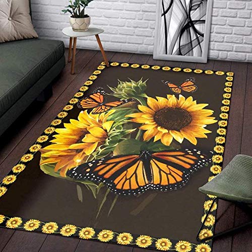 Beautiful Sunflower and Butterfly Area Rug for Living Dinning Room Bedroom Kitchen, Nursery Rug Floor Carpet Yoga Mat