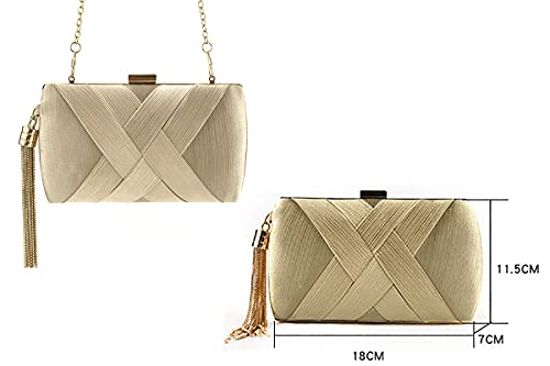 Women's Elegant Satin Fashion Tassel Evening Bag Clutch Purse for Bride Wedding Prom Night Out Party (Gold)