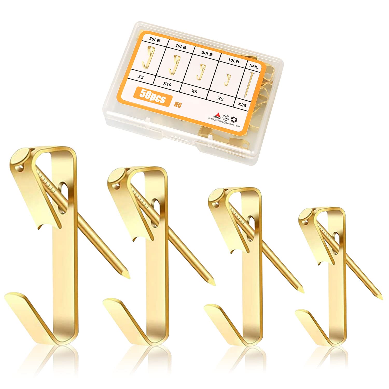 Hooks for Hanging Pictures with Nails - ROBUST 50pcs Picture Hanging Kit, Wall Hooks for Hanging Pictures for Picture Frame, Canvas, Mirror, Art (N6 Gold)