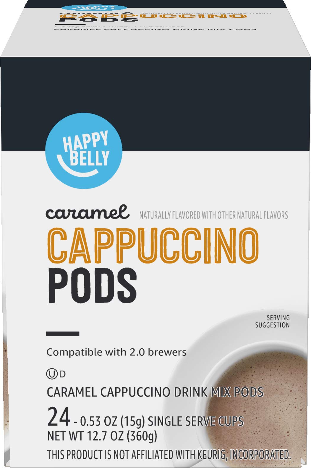 Amazon Brand - Happy Belly Cappuccino Coffee Pods Compatible with 2.0 K-Cup Brewers, Caramel Flavored, 24 Count