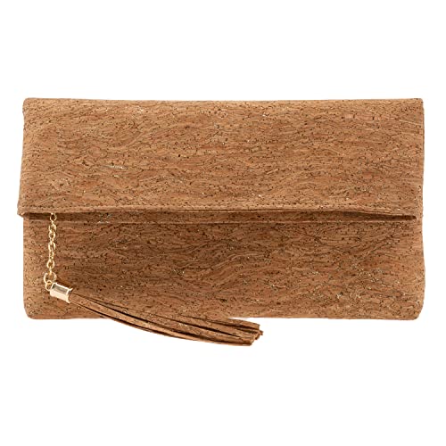 JNB Women's Cork Material Foldover Clutch with Tassel, Gold