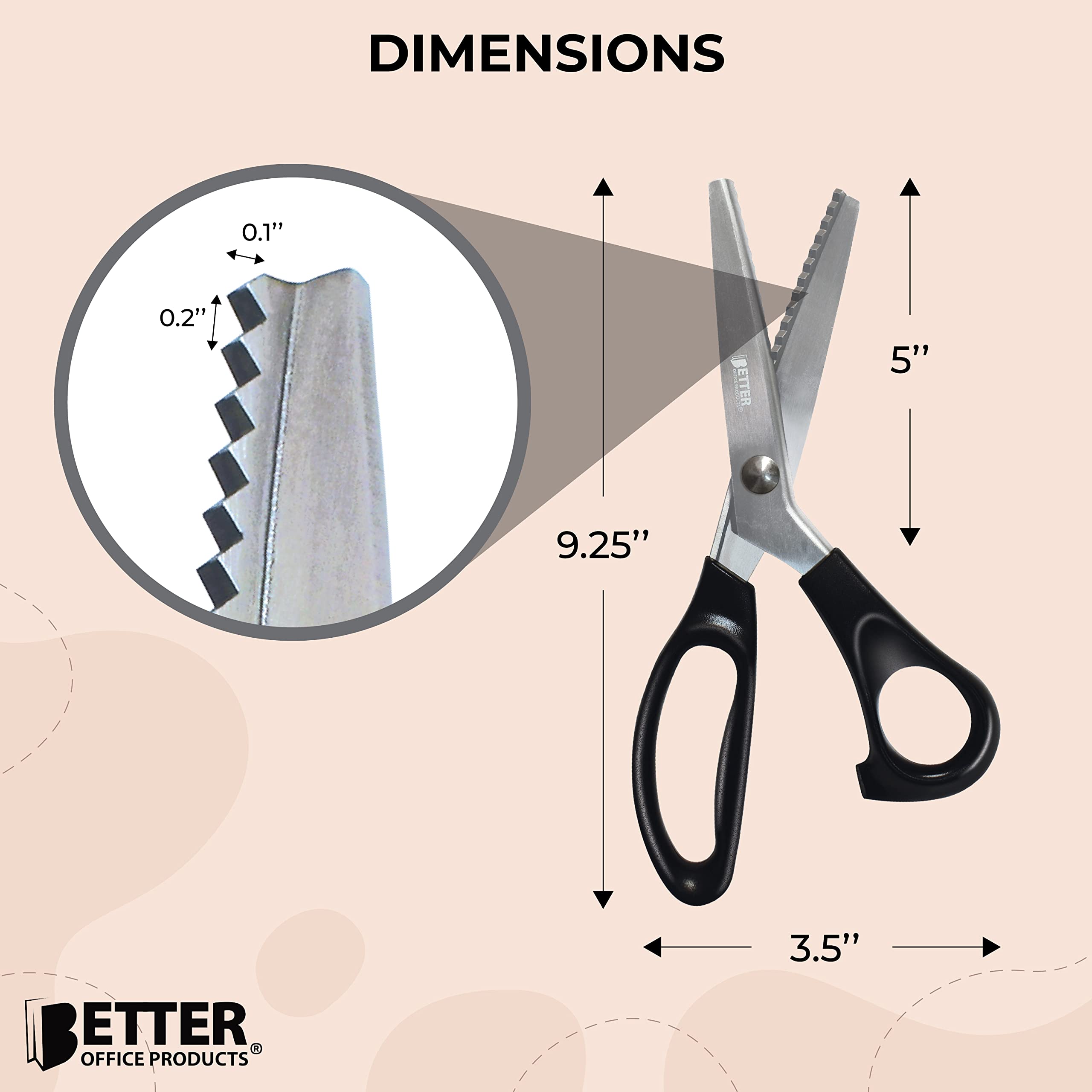 Professional Pinking Shears, 9" Stainless Steel Fabric Pinking Shears, by Better Office Products, Dressmaking Scissors, Zig Zag Cut Scissors, Serrated Blades for Decorative Patterns