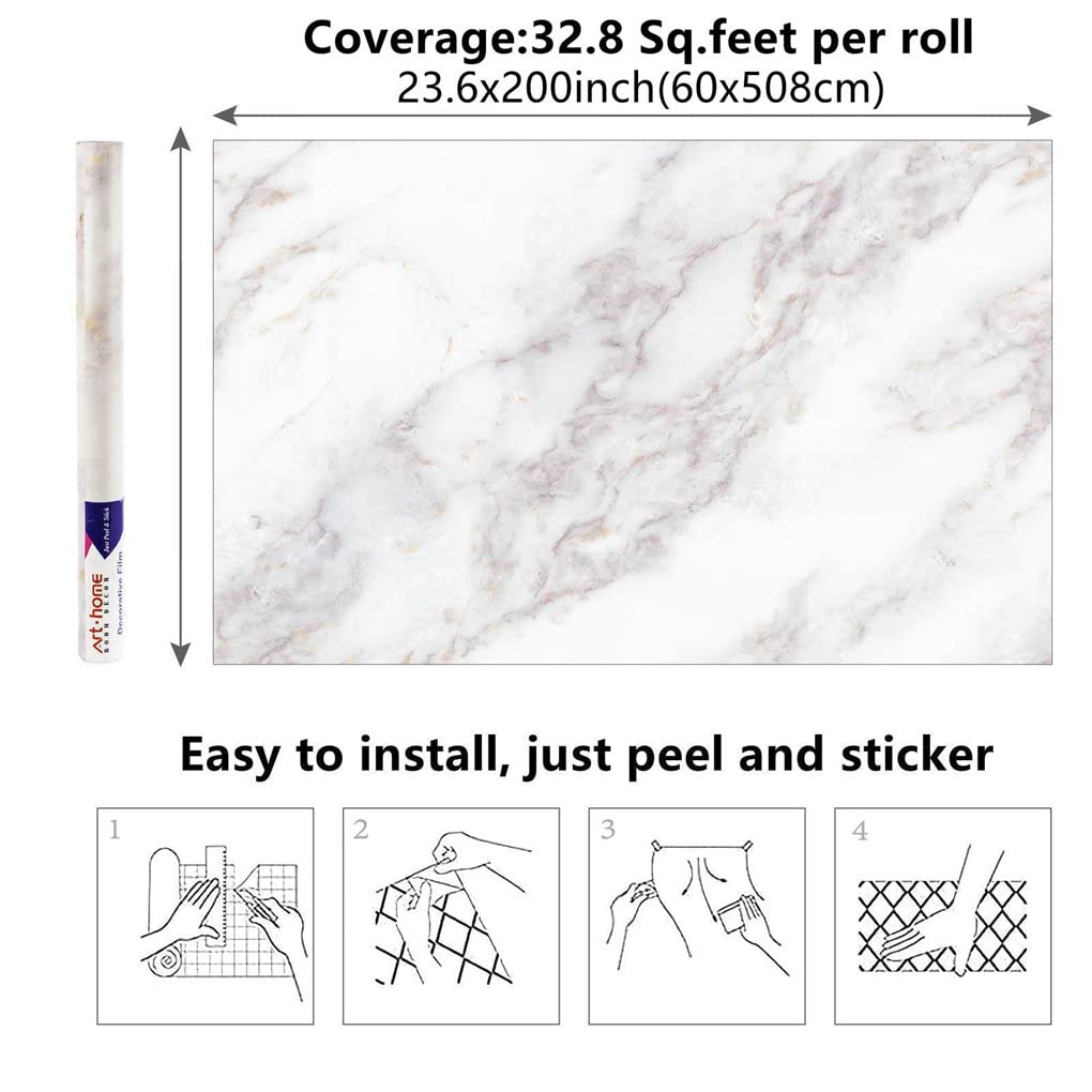 Arthome Marble Contact Paper Peel and Stick Wallpaper 17''x120'' Self Adhesive Decorative Vinyl Film Waterproof for Table,Countertop,Cabinet,Shelf Liner Removable Stick On Wall Covering