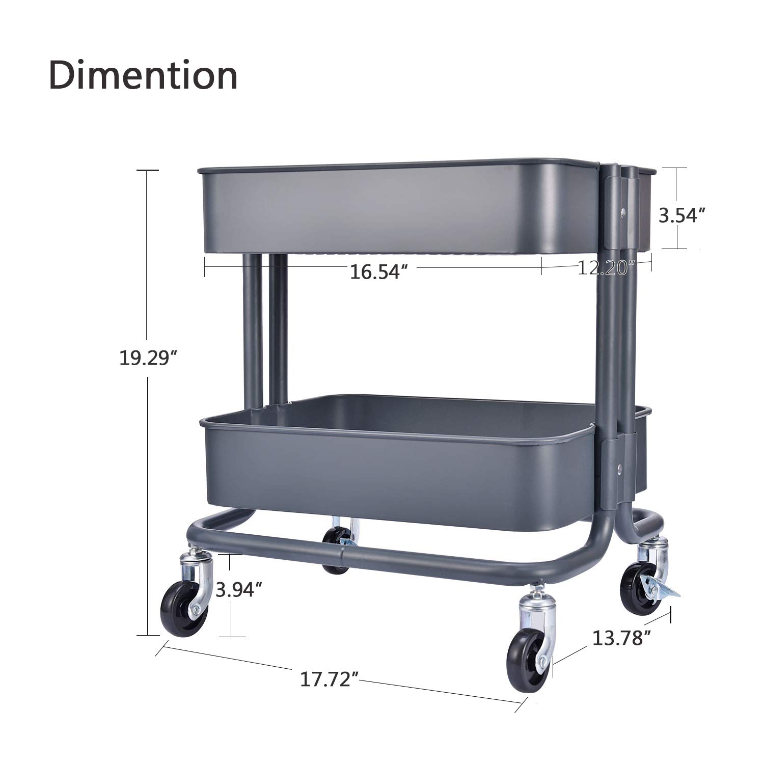 2-Tier Metal Utility Rolling Cart Storage Side End Table with Cover Board for Office Home Kitchen Organization, Dark Gray