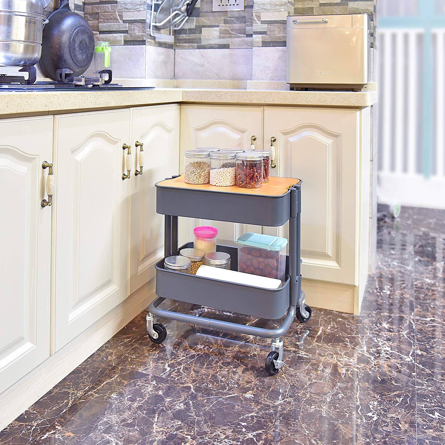 2-Tier Metal Utility Rolling Cart Storage Side End Table with Cover Board for Office Home Kitchen Organization, Dark Gray