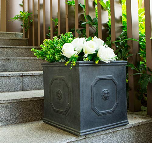 Kante Lightweight Classic Square English Style Lion Head Planter 12.6"x12.6"x12.6" Antique Gray