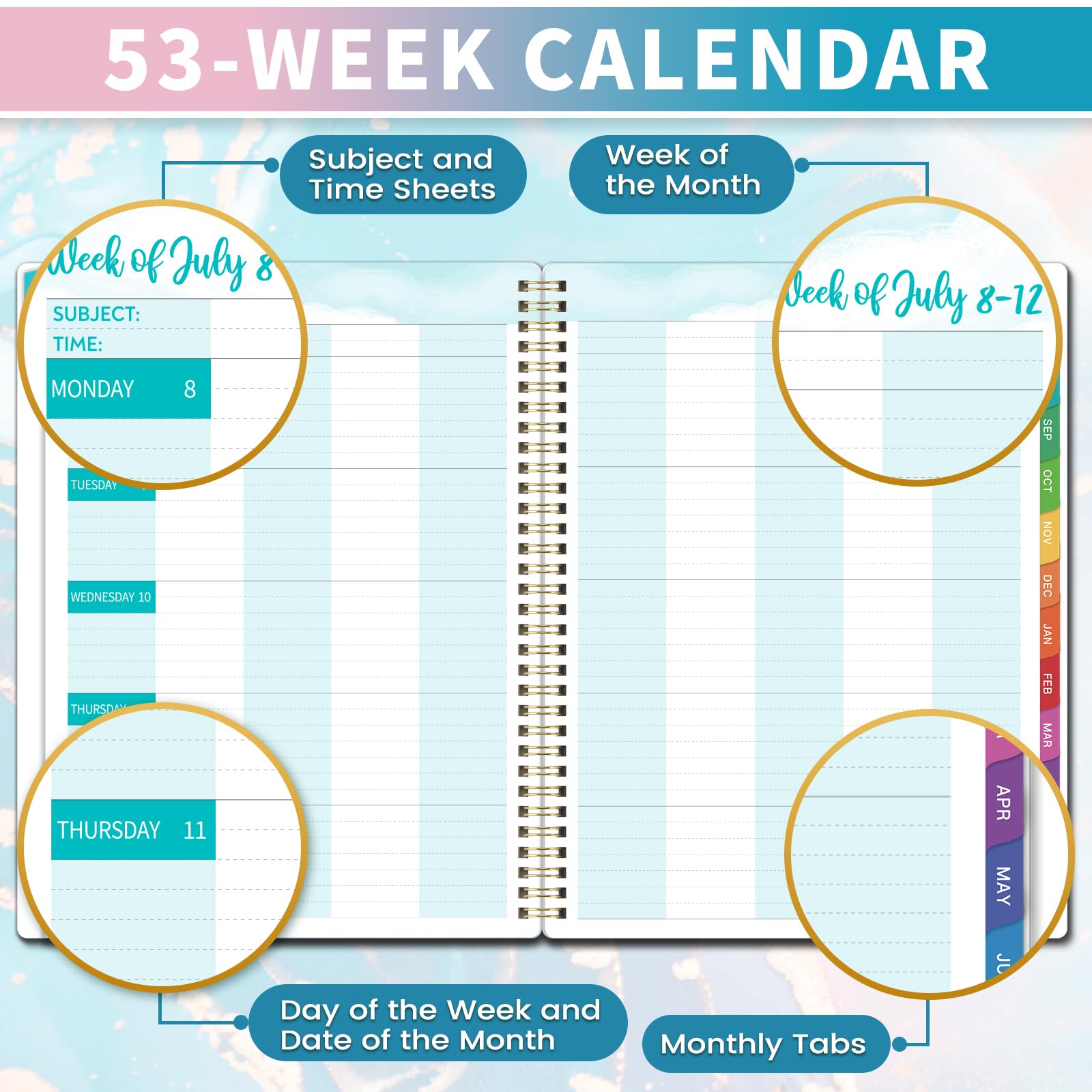 Planner 2023-2024 - Jul.2023 - Jun.2024, 2023-2024 Planner, Academic Planner 2023-2024, 2023-2024 Planner Weekly & Monthly with Tabs, 8" x 10", Flexible Cover, Twin-Wire Binding - Black Waterink