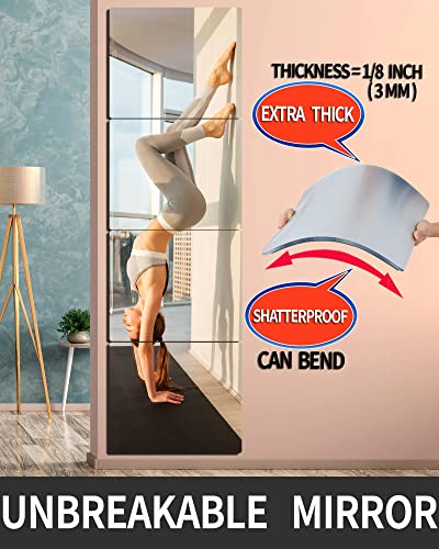 Unbreakable Full Length Mirror Wall Mounted Cheap,Extra Thick 0.14",48"x12" 4Pcs 12"x12",Made of Shatterproof Plexiglass Acrylic,Long Mirrors for Bedroom,Workout Mirrors for Home Gym Wall