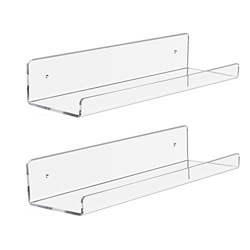 JUOIFIP Clear Acrylic Floating Shelves 2 Pack, 15” Modern Acrylic Picture Display Shelves, Wall Mounted Storage Shelf for Home, Kitchen,Office, Invisible Kids Bookshelf Spice Rack