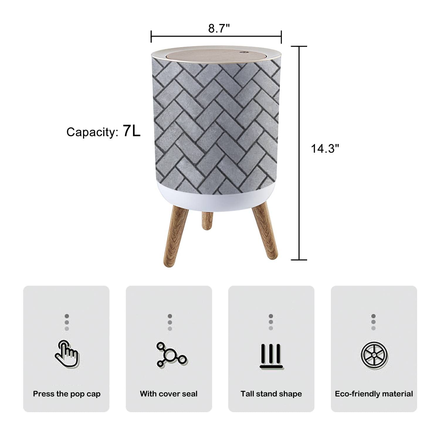 Small Trash Can with Lid Sidewalk Gray Tiles diagonally Texture Copy Space 7 Liter Round Garbage Can Elasticity Press Cover Lid Wastebasket for Kitchen Bathroom Office 1.8 Gallon