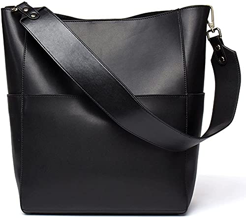 Seammer Genuine Leather Bucket Handbags for Women Large Designer Hobo Shoulder Handbag Purse Black