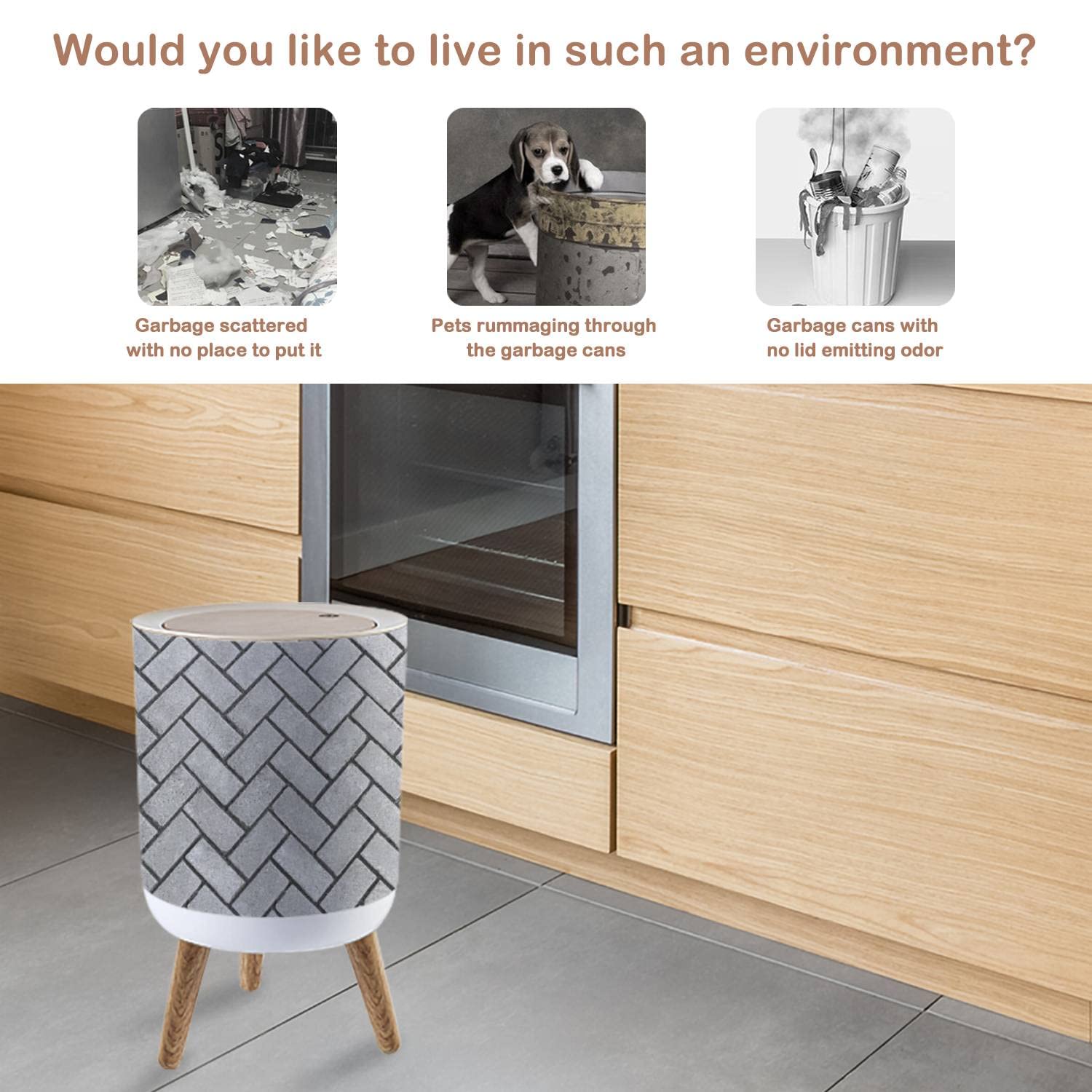 Small Trash Can with Lid Sidewalk Gray Tiles diagonally Texture Copy Space 7 Liter Round Garbage Can Elasticity Press Cover Lid Wastebasket for Kitchen Bathroom Office 1.8 Gallon