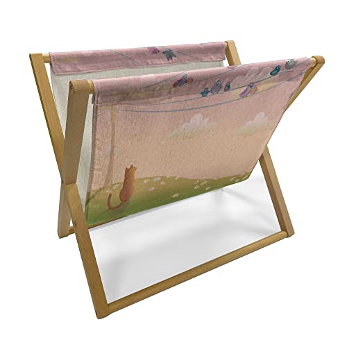Lunarable Birds Magazine and Book Holder, Cat Looking to Birds Sitting on Electric Wires Fandom Community Art Print Home, Floor Rack Organizer for Office Home and School, 22"x19", Multicolor