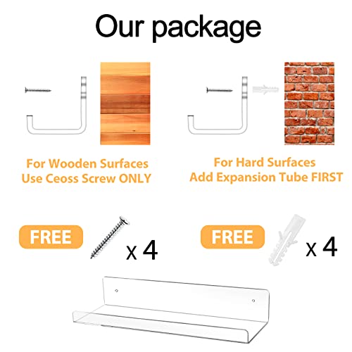 JUOIFIP Clear Acrylic Floating Shelves 2 Pack, 15” Modern Acrylic Picture Display Shelves, Wall Mounted Storage Shelf for Home, Kitchen,Office, Invisible Kids Bookshelf Spice Rack
