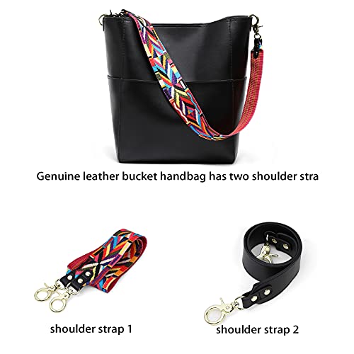 Seammer Genuine Leather Bucket Handbags for Women Large Designer Hobo Shoulder Handbag Purse Black