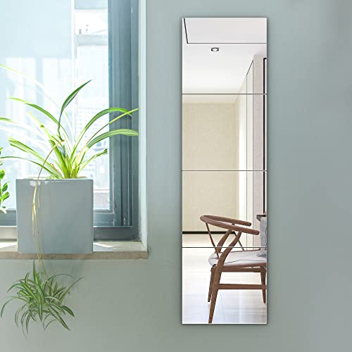 Unbreakable Full Length Mirror Wall Mounted Cheap,Extra Thick 0.14",48"x12" 4Pcs 12"x12",Made of Shatterproof Plexiglass Acrylic,Long Mirrors for Bedroom,Workout Mirrors for Home Gym Wall
