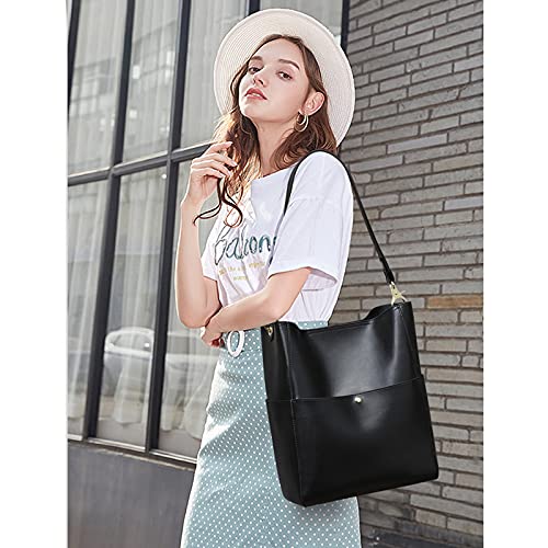 Seammer Genuine Leather Bucket Handbags for Women Large Designer Hobo Shoulder Handbag Purse Black