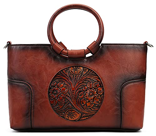 PU Handbag for Women,Vintage Design Embossed Totem Purse Organizer Top-Handle Satchel Handmade Medium Crossbody … (Brown)