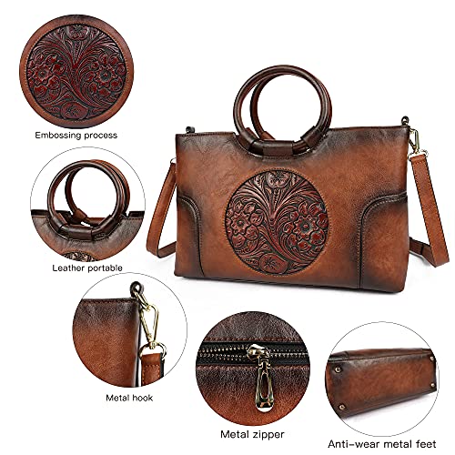 PU Handbag for Women,Vintage Design Embossed Totem Purse Organizer Top-Handle Satchel Handmade Medium Crossbody … (Brown)