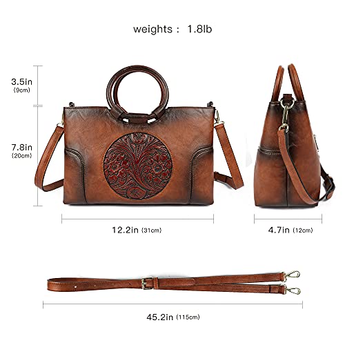 PU Handbag for Women,Vintage Design Embossed Totem Purse Organizer Top-Handle Satchel Handmade Medium Crossbody … (Brown)