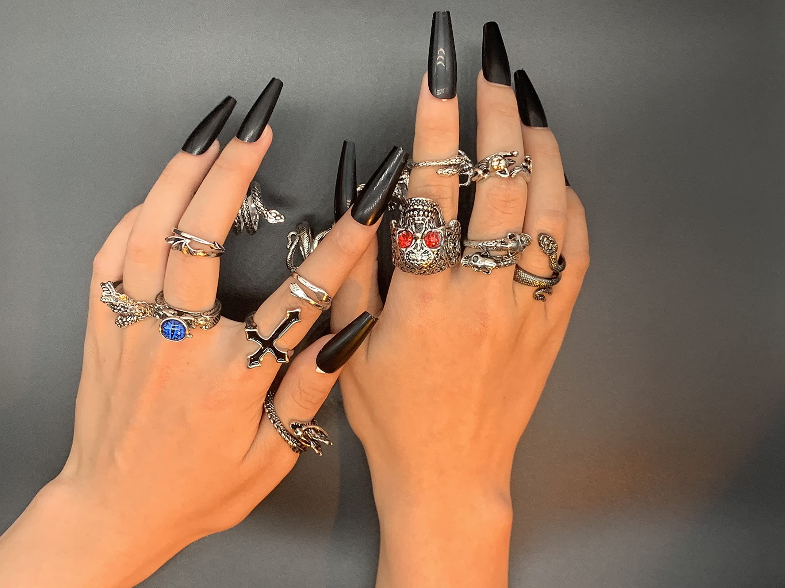 LAKIYOYO 15Pcs Vintage Punk Rings for Men Adjustable Snake Ring Dragon Rings Gothic Knuckle Stacking Finger Rings Jewelry Set