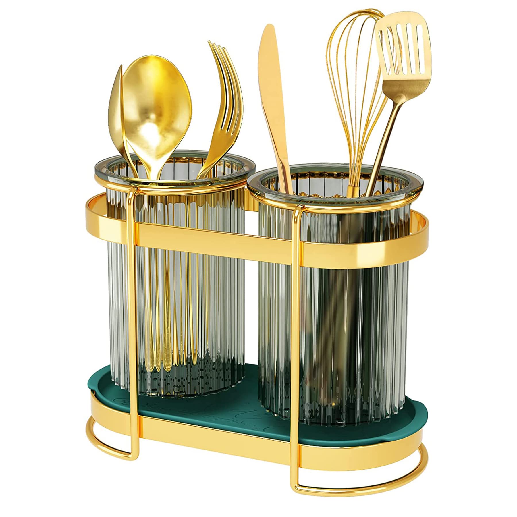 Zarnicy Kitchen Utensil Holder for Countertop - Cooking Utensils Silverware Caddy Organizer, Flatware Storage Cutlery Crock, Upgraded 2-Cups Drying Utensil Container With Drain Tray