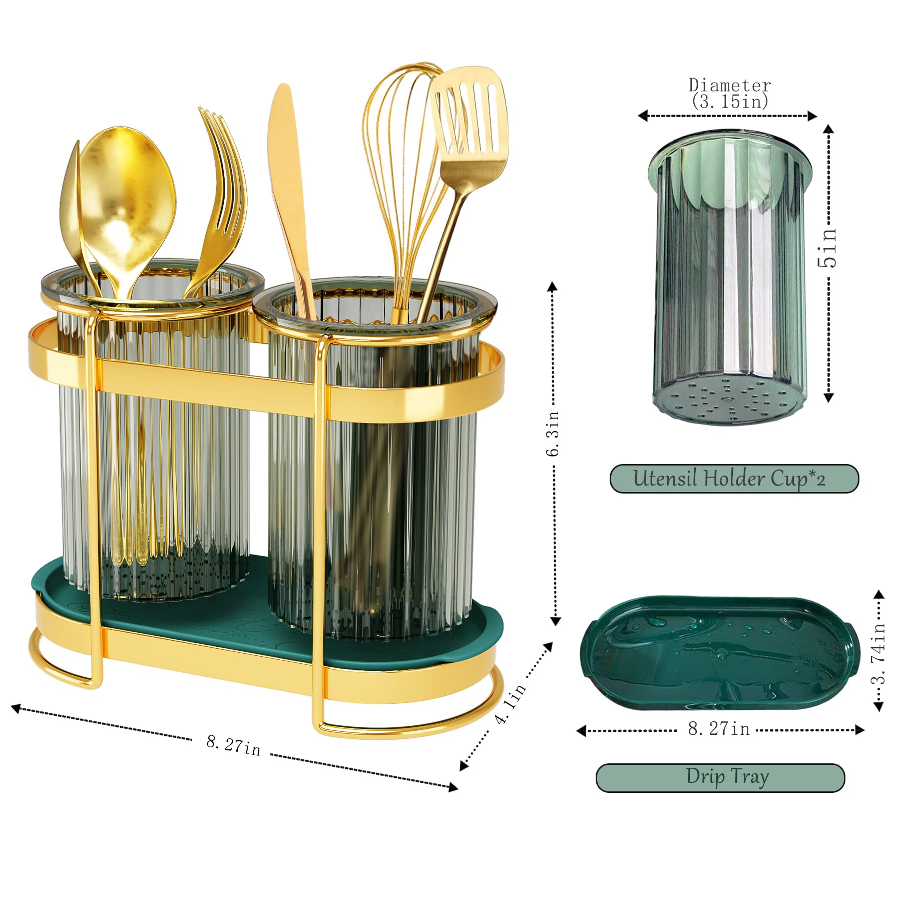 Zarnicy Kitchen Utensil Holder for Countertop - Cooking Utensils Silverware Caddy Organizer, Flatware Storage Cutlery Crock, Upgraded 2-Cups Drying Utensil Container With Drain Tray