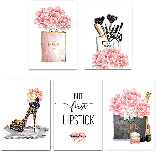 Lodintech Fashion Canvas Wall Art Girls Bedroom Wall Decor Pink Flower Perfume Unframed Art Prints Fashion Posters Living Room Women Office Decorations Red Lip Makeup Brush High Heels Painting (5pcs 8x12'')