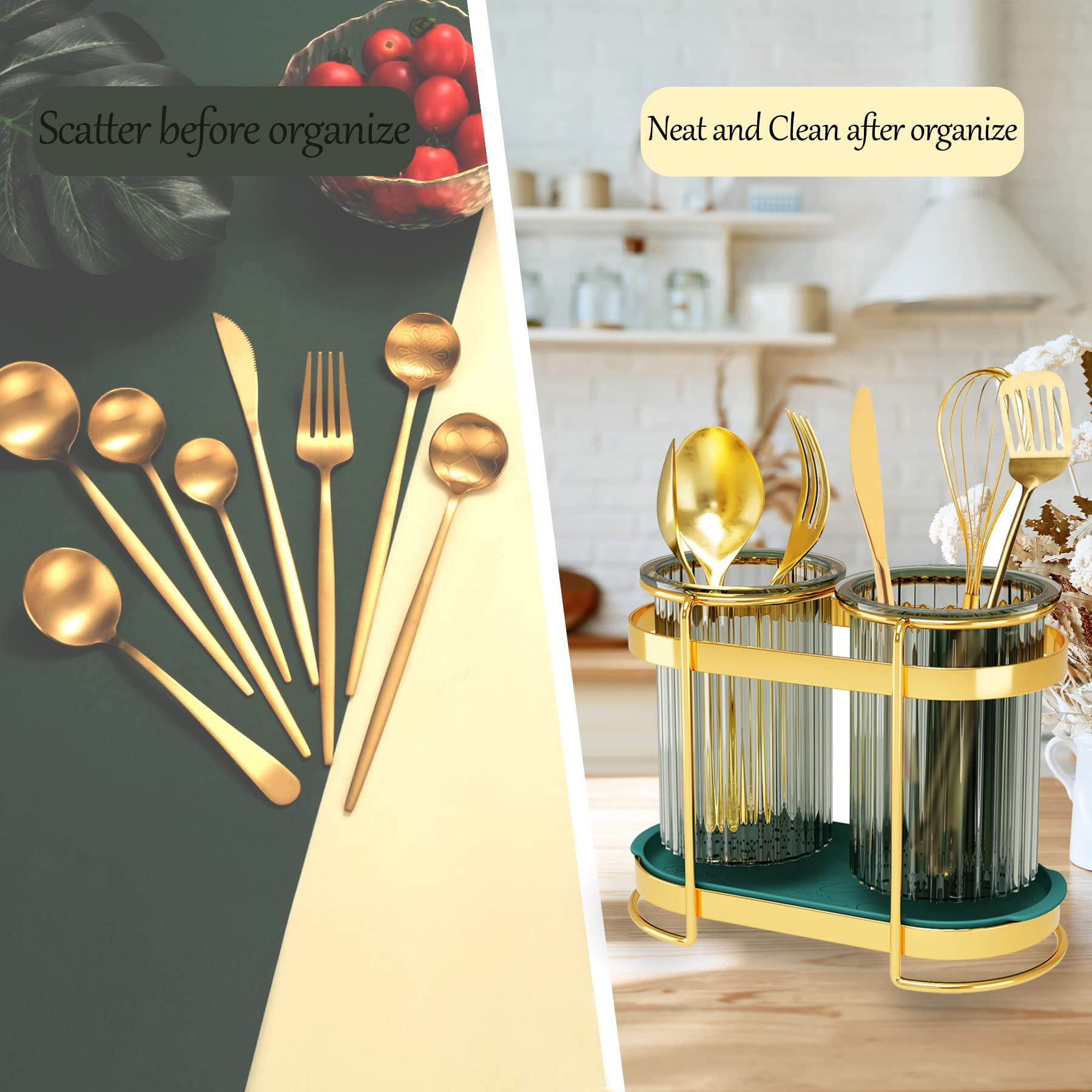 Zarnicy Kitchen Utensil Holder for Countertop - Cooking Utensils Silverware Caddy Organizer, Flatware Storage Cutlery Crock, Upgraded 2-Cups Drying Utensil Container With Drain Tray