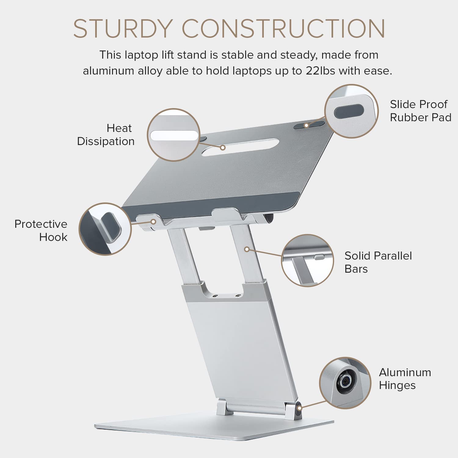 POUT - Eyes 3 Lift — Ergonomic Laptop Stand for Desk, Adjustable Height 2" to 20" — Laptop Riser Portable Laptop Stand for Laptop — Standing Desk Converter for MacBook 10"-17" Laptops (Gray)