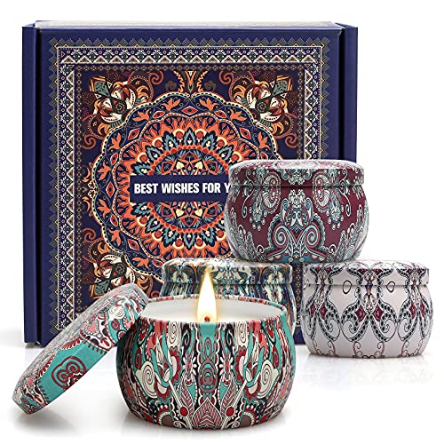 Scented Candles Gifts for Women Mom, 8% Essential Oil, 4 Pack Soy Candles for Home Scented, 120H Burning Time, Stress Relief Gifts for Girlfriend, Teacher, Mom, Anniversary, Birthday
