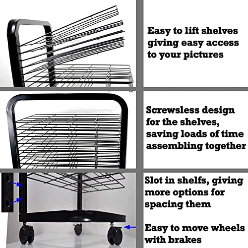 Ewatchaccessories Mobile Drying Rack with Wire Rack for Artwork, Black Powder Coated, Drying and Printing Rack, Protects Artwork While Drying, Ideal for Schools and Art Clubs