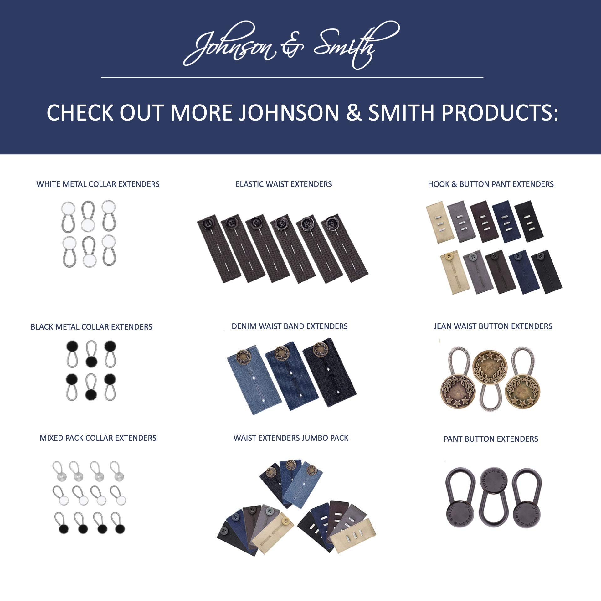 Waistband Extenders by Johnson & Smith | Button Extender for Pants | Denim Material | Pack of 5 Shades | Premium Metal Buttons | 2 Button Holes | Button Extender for Jeans