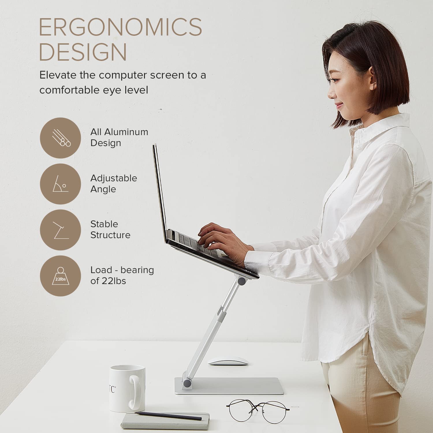 POUT - Eyes 3 Lift — Ergonomic Laptop Stand for Desk, Adjustable Height 2" to 20" — Laptop Riser Portable Laptop Stand for Laptop — Standing Desk Converter for MacBook 10"-17" Laptops (Gray)
