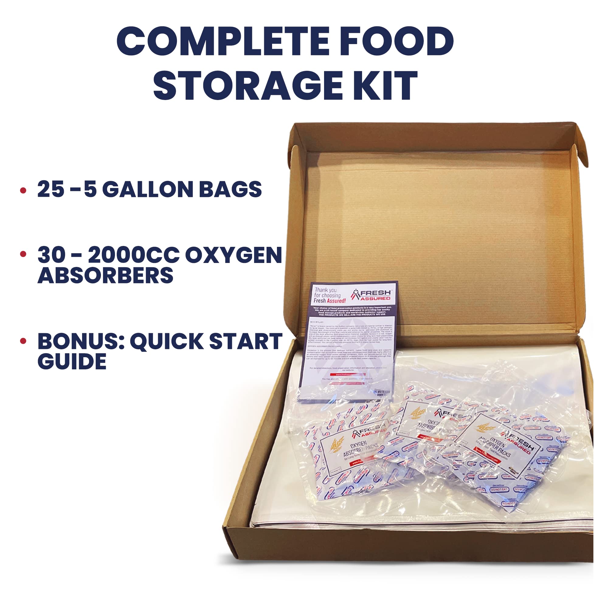 Fresh Assured | 25-Pack 5 Gallon Mylar Bags with Oxygen Absorbers (30 x 2000cc) | 7 mil | BPA Free | Long-Term Food Storage Container Sets