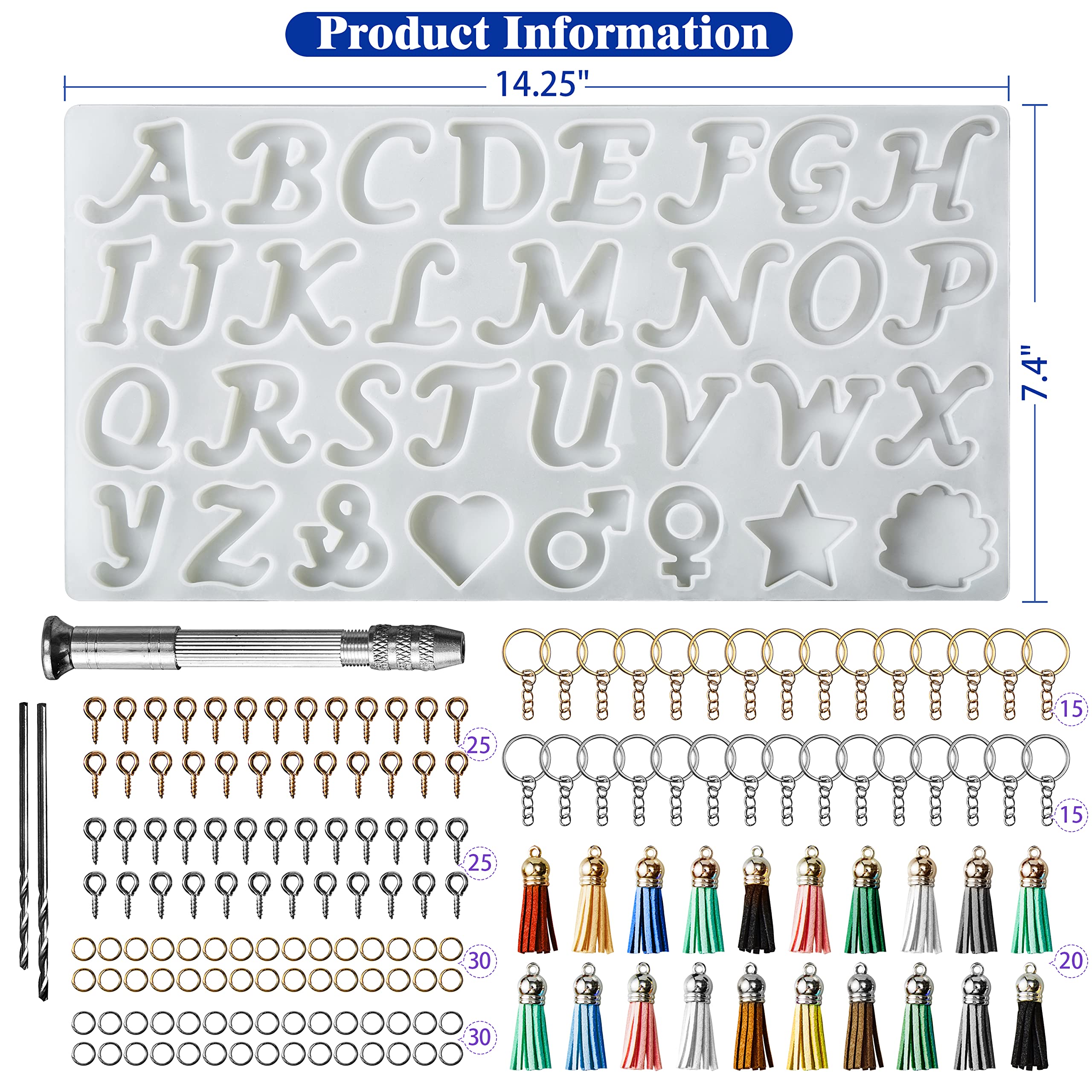 ISSEVE 164Pcs Obverse Alphabet Resin Molds Kit, Silicone Molds for Resin Casting DIY, Letter & Ornament Epoxy Molds Resin Keychain Making Set with 1 Hand Drill 2 Drill Bits 160Pcs Keychain Supplies