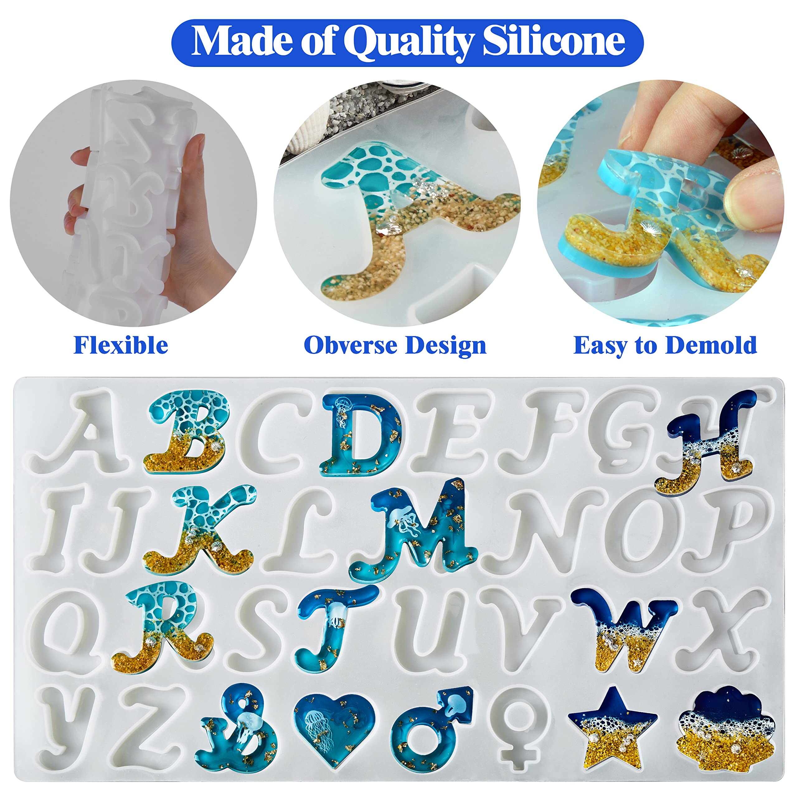 ISSEVE 164Pcs Obverse Alphabet Resin Molds Kit, Silicone Molds for Resin Casting DIY, Letter & Ornament Epoxy Molds Resin Keychain Making Set with 1 Hand Drill 2 Drill Bits 160Pcs Keychain Supplies