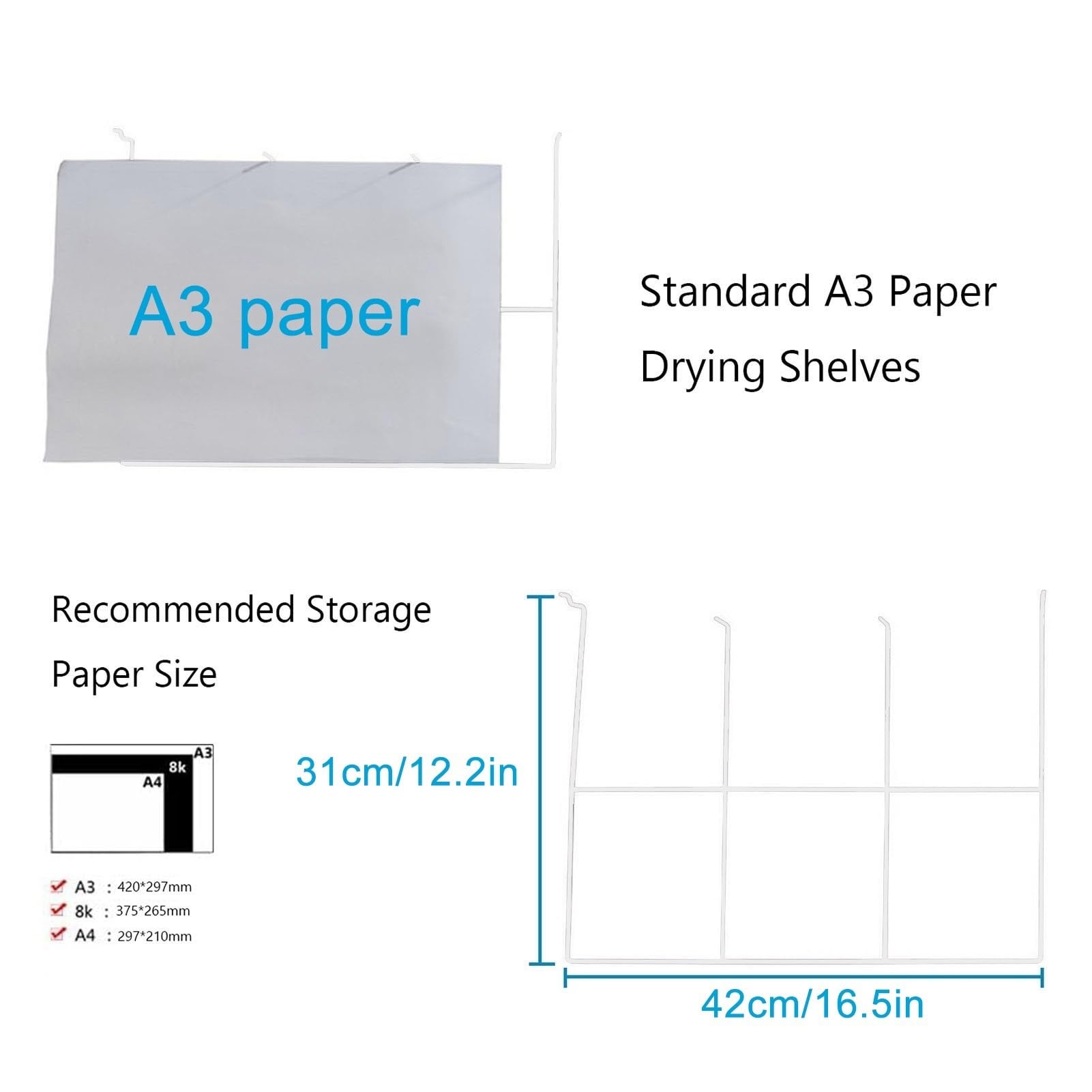 Metal Steel Art Drying Rack for Paintings, A3 Paper & Prints, Artwork Storage Display Rack with Wire Shelves for Art Organizer, Classrooms, Art Studios, White+Black (Size : A- Wall Mounted)