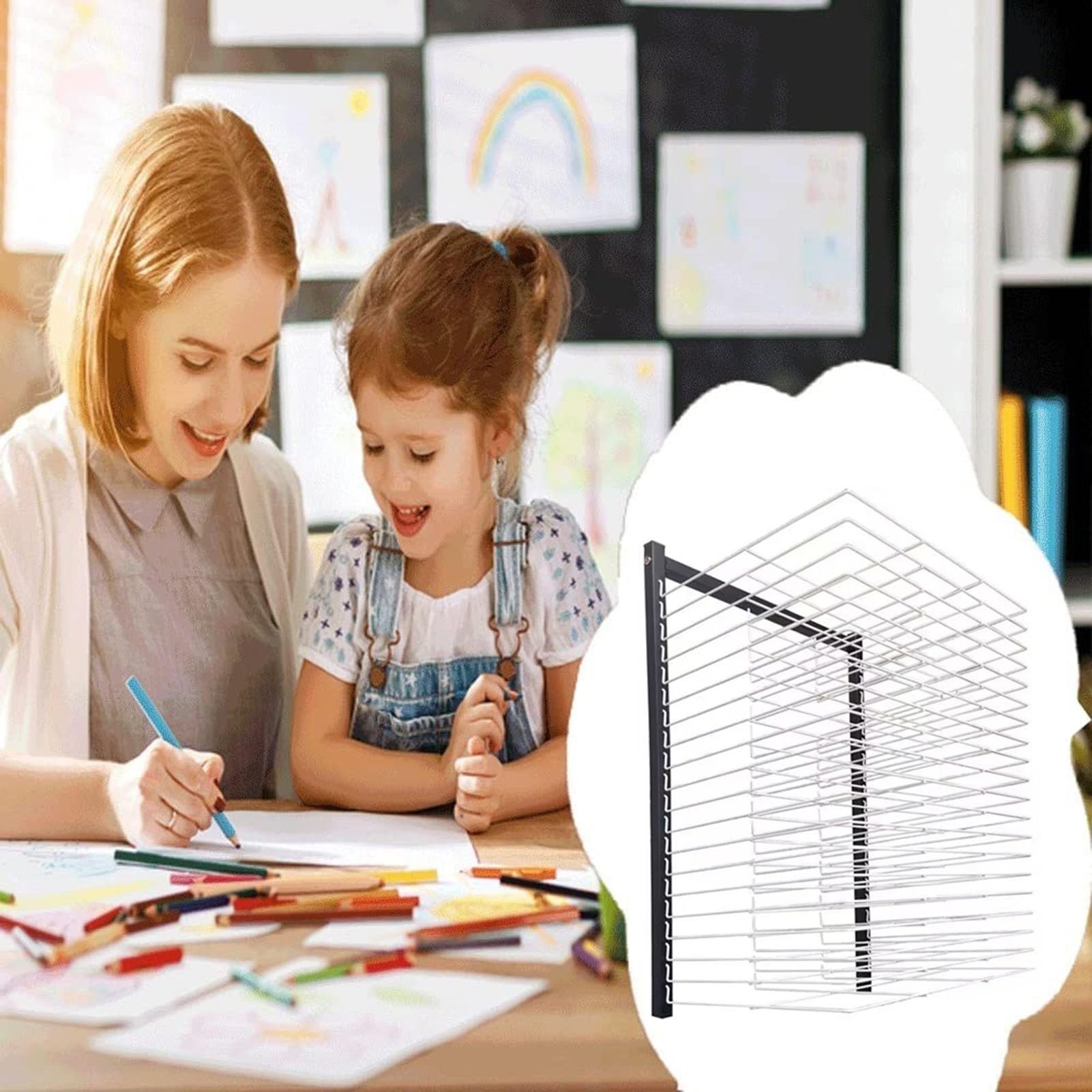 Metal Steel Art Drying Rack for Paintings, A3 Paper & Prints, Artwork Storage Display Rack with Wire Shelves for Art Organizer, Classrooms, Art Studios, White+Black (Size : A- Wall Mounted)