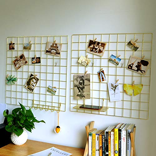 Yash Metal Wire Grid Panel, Display Organizer, Postcard, Wall Artwork Display for Home Office Living Room Dorm Room, Kitchen Storage Grid Wall, 23.6" X 23.6", Pack of 2 Pcs, Gold