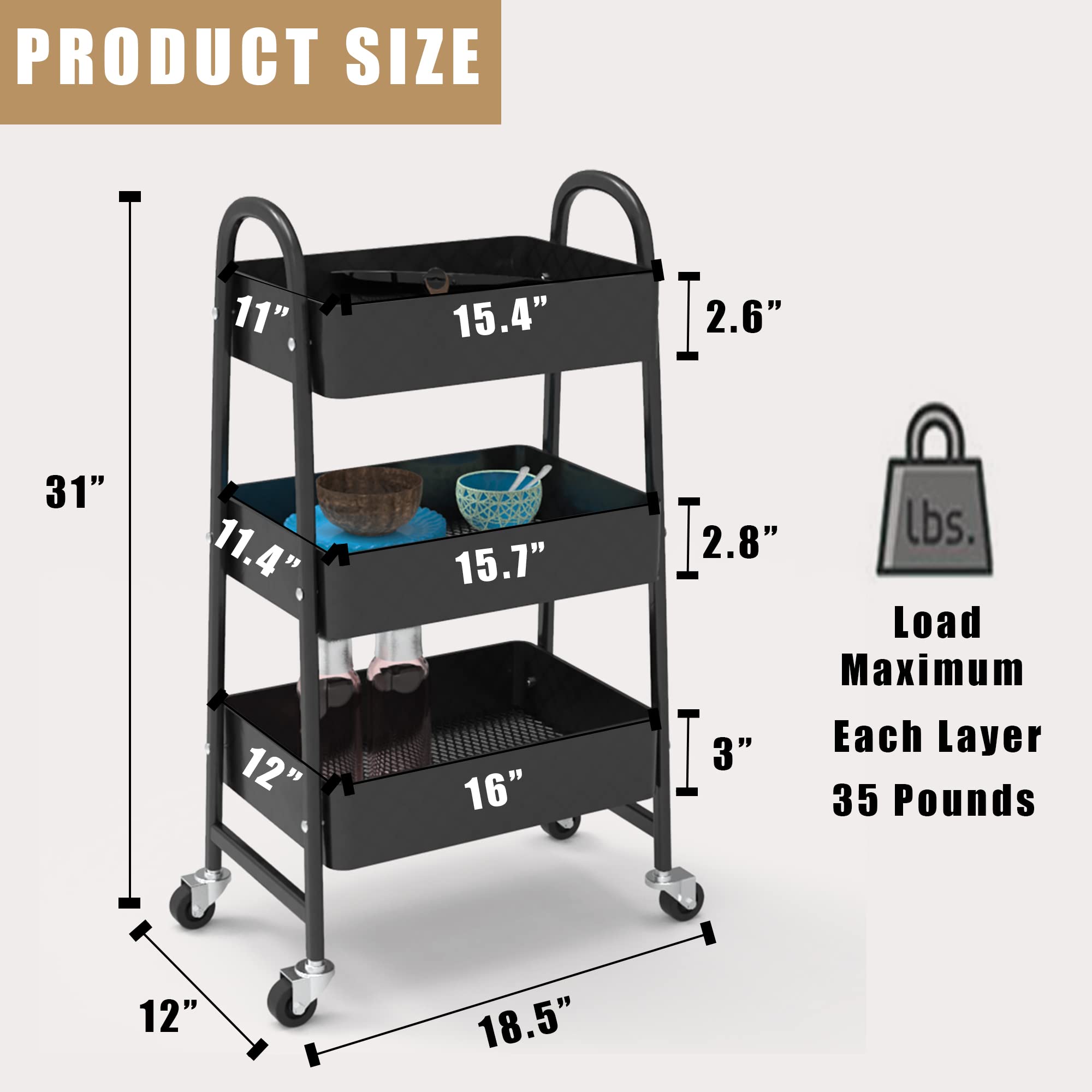 3 Tier Rolling Cart, Metal Ultility Cart with Extra Large Lockable Wheels, Makeup Storage Organizer Craft Trolley, Serving Cart Easy Assembly for Kitchen, Bathroom, Office (Black)