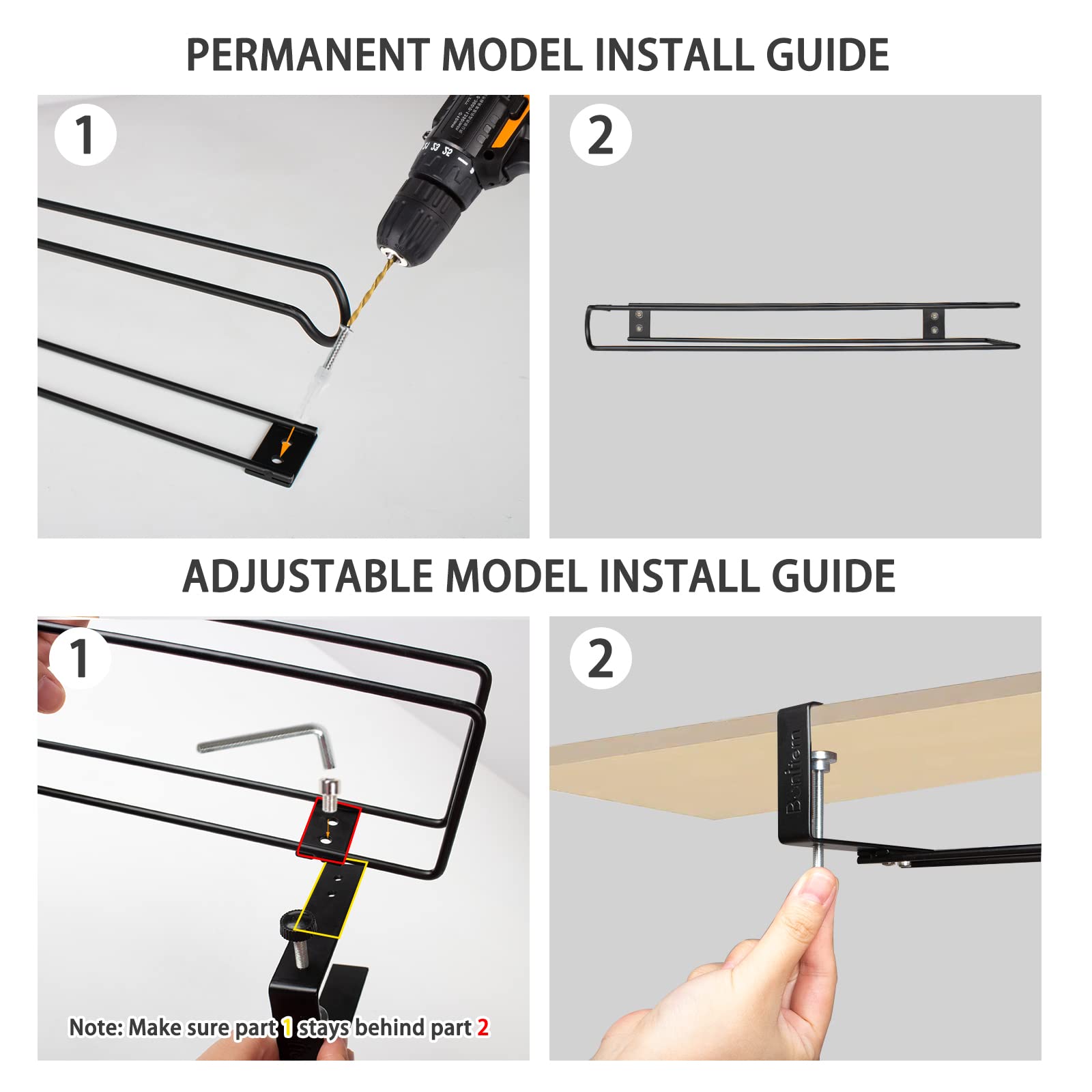 Benitem Adjustable Paper Towel Holder Under Kitchen Cabinet/ Wall Mount, 2 Installation Options by Clamps or Screws Instead of Self Adhesive, Towels Rolls/ Rack/ Bulk/ Bar (Black) (PTH-WB)