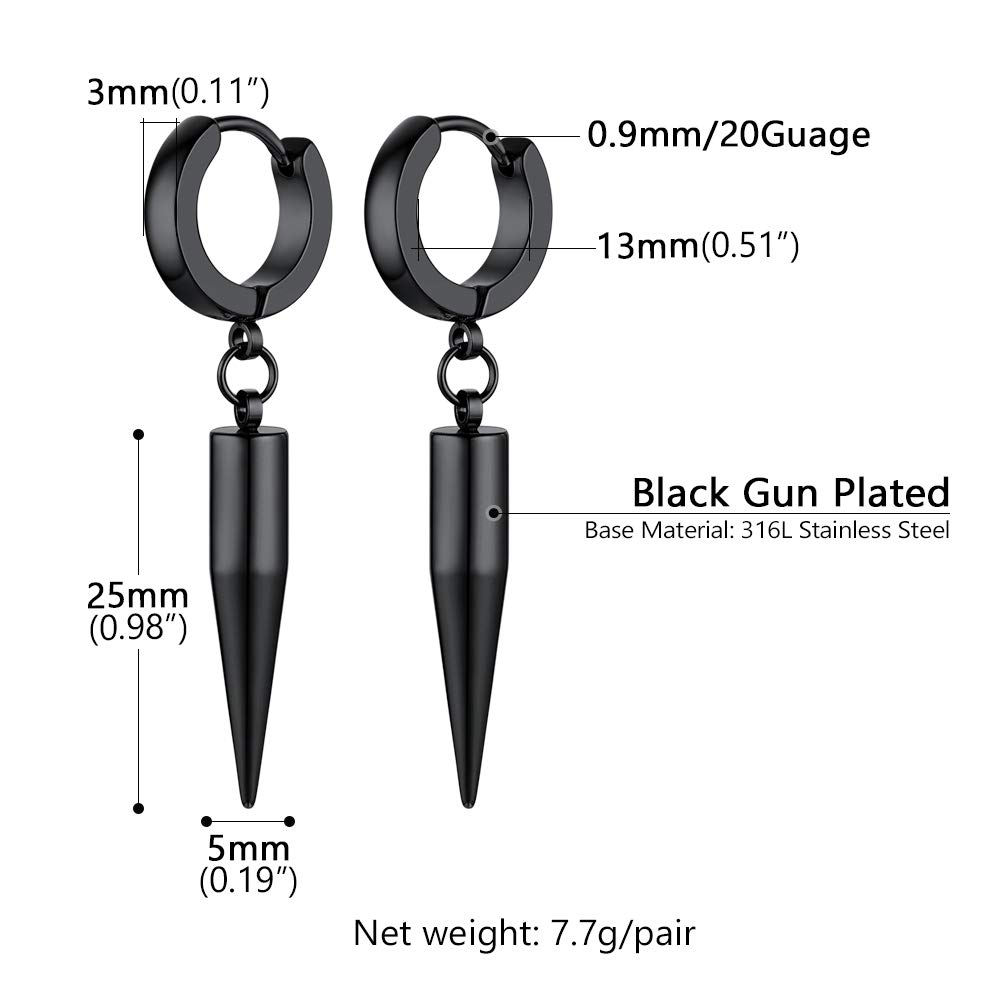 Black Earrings Cool Mens Dangling Hoop Goth Gothic Punk Steel Spike Dangle Dangly Earrings For Men Man Women