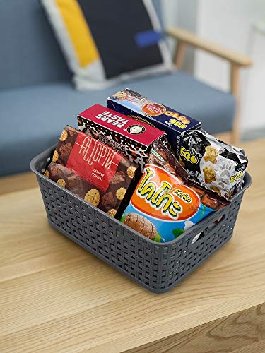 Ponpong Plastic Weave Shelf Basket, Plastic Rattan Storage Bins, 6 Packs