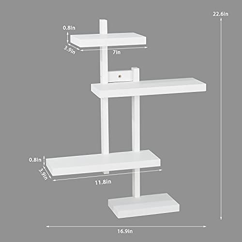 AHDECOR White Wall Mounted Floating Shelves, Natural Wood Shifting Adjustable 4-Tiers Shelf, Wooden Hanging Shelf for Home Decor