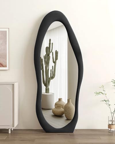 Otlsh Full Length Mirror, 63" x 24" Wall Mirror, Floor Mirror with Flannel Frame, Standing Mirror, Irregular Mirror Hanging or Leaning The Wall, Cloud Shaped, Black